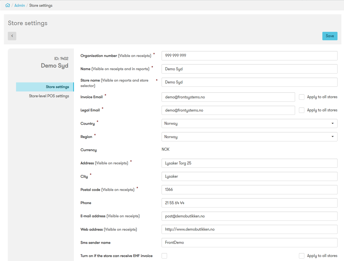 Store settings – Front Systems