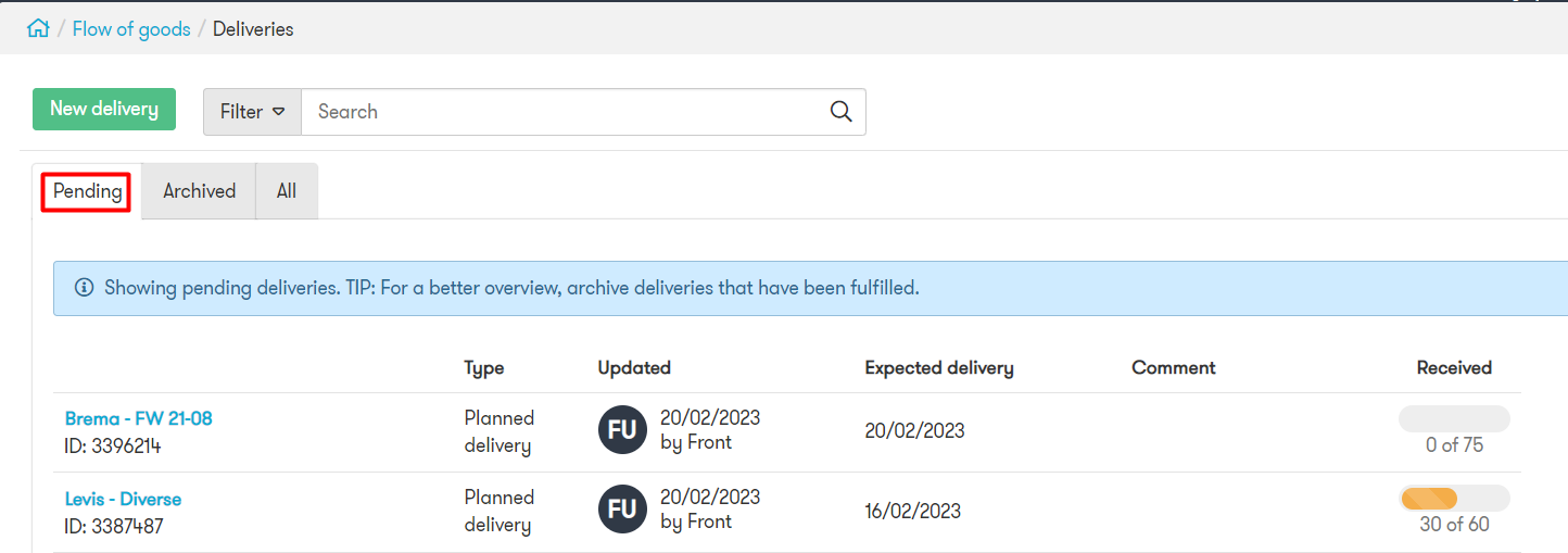 Overview of deliveries – Front Systems